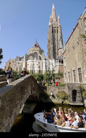 Brugge city scenes in Belgium, residential buildings, church ...