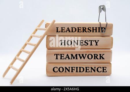 Confidence, integrity, leadership and teamwork text on wood blocks with ...