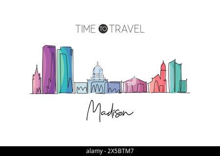 Single continuous line drawing of Madison city skyline, Wisconsin ...