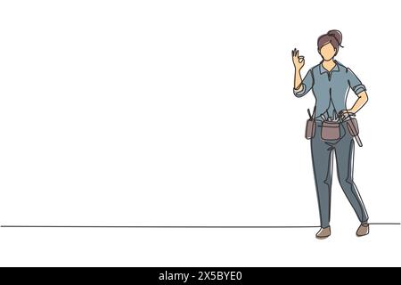 Continuous one line drawing handywoman stands with thumbs-up gesture ...