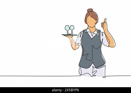 Single one line drawing of waitress with a thumbs-up gesture and ...