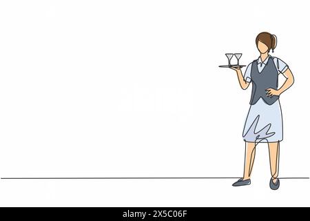 Continuous one line drawing waitress holding and serving paper cup of ...