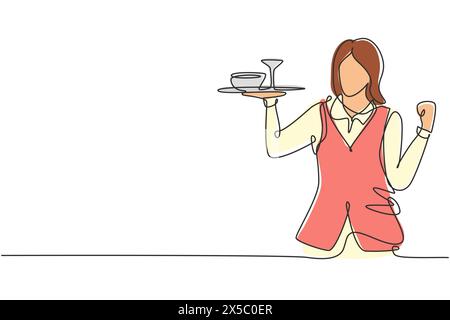 Single continuous line drawing waitress with celebrate gesture and ...