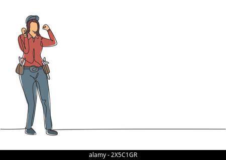 Single continuous line drawing handywoman stands with call me gesture ...