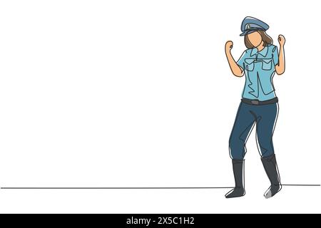 Continuous one line drawing policewoman with celebrate gesture and full ...