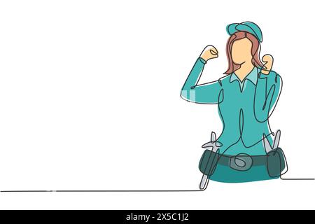 Continuous one line drawing handywoman with thumbs-up gesture is ready ...