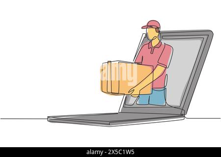 continuous single line drawing of parcel carrier or delivery driver ...
