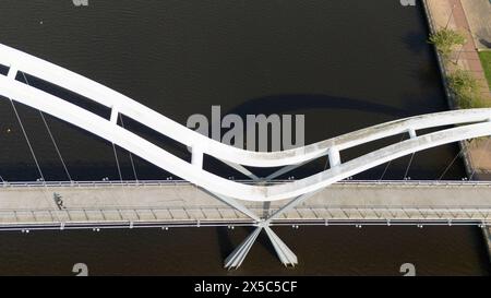 Aerial view of the Infinity Bridge spanning the river Tees located in ...