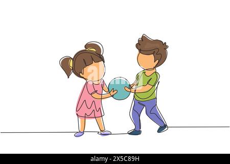 Continuous one line drawing kids, boy and girls reading book on table ...