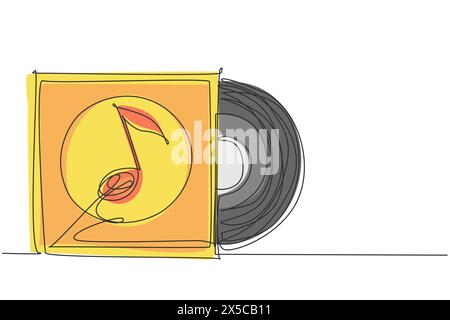 Vinyl audio record continuous line drawing. Vintage LP disk drawn in ...