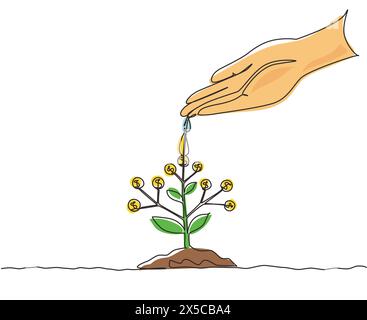 continuous line drawing watering plants isolated on white background ...