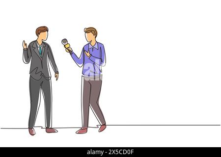 Continuous one line drawing male journalist with microphone making ...