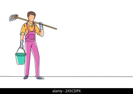 continuous single line drawing of janitor mopping floor, line art ...