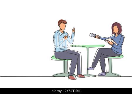 Celebrity interview. TV presenter interviewing famous guests sitting on ...