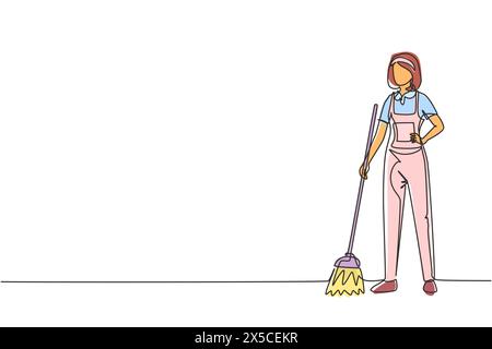 continuous single line drawing of janitor mopping floor, line art ...