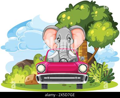 Cartoon elephant driving a pink car under blue sky Stock Vector Image ...
