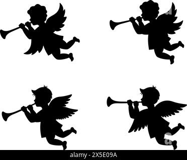 Cherub set. Herald angel blowing trumpet. Angel with a wings. Vector ...