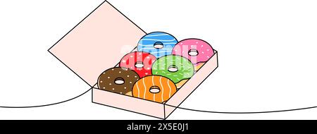 Take away donuts one line continuous drawing. Bakery sweet pastry food ...