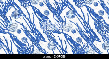 Azure blue white shell motif with linen seamless batik border ...