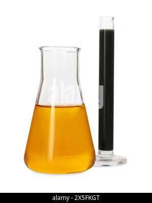 Test tube and flask with different types of oil isolated on white Stock ...