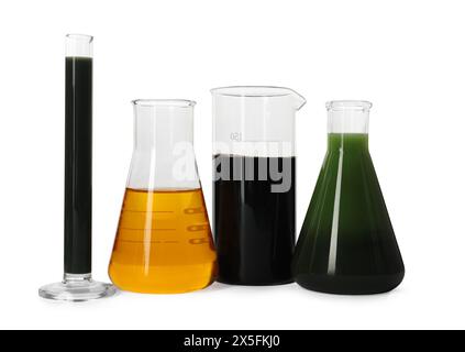Beaker, test tube and flasks with different types of oil isolated on ...
