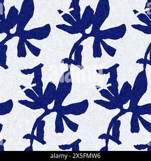 Indigo denim blue leaf motif seamless border. Japanese dye batik fabric ...