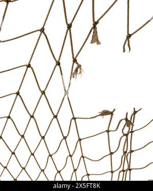 Torn Football or tennis net. Rope mesh on a white background close-up ...