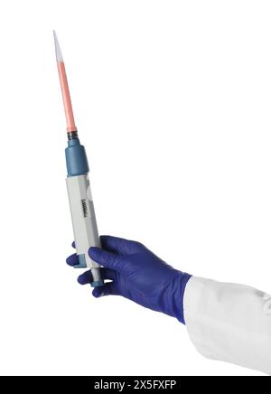 Laboratory analysis. Scientist holding micropipette on white background ...
