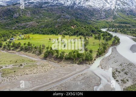 River Rio Ventisquero, upper part of Rio Mayer, wide branching river ...