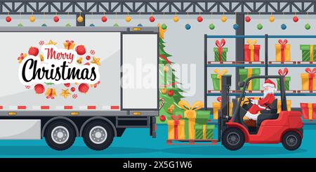 Warehouse with racks with gift boxes. Santa Claus driving a forklift ...