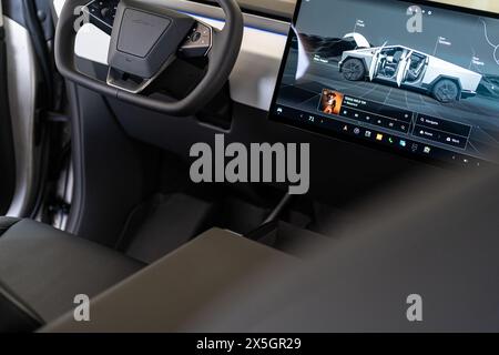 Interior view of a Tesla Cybertruck with touchscreen display Stock ...