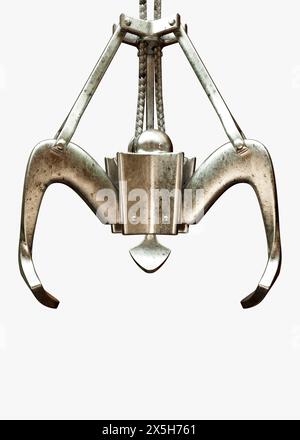 An open metal claw from a vintage arcade type grabber game connected to ...