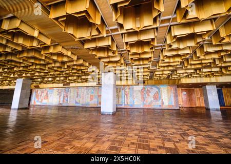 View of the lobby with colorful tile mosaic mural and intricate, Soviet ...