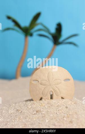Island with palm trees, starfish and shells on a blue background ...
