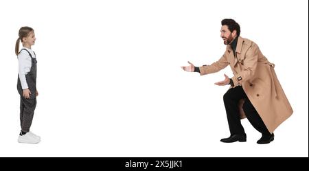 Father reaching for his daughter on white background Stock Photo - Alamy