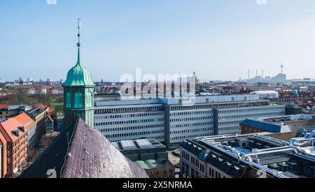 Aerial view of Copenhagen from the top of tower of Copenhagen City Hall ...