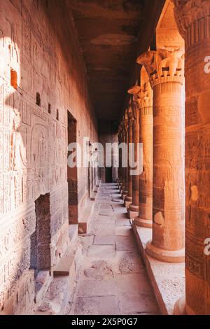Colonnade featuring ancient wall carvings at Philae Temple in Aswan ...