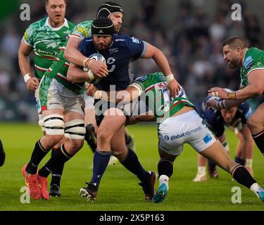 Sale Sharks prop Bevan Rodd speaks with Leicester Tigers full-back ...