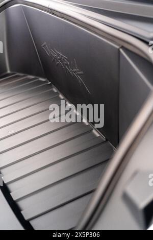 Engraved Logo Detail Inside the Open Frunk of a Tesla Cybertruck Stock ...