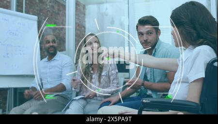 Image of scope scanning over diverse business people talking in office ...