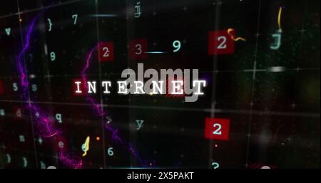 Image of multiple texts over lens flares, letters, numbers, symbol against abstract background ...