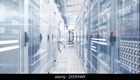 Image of graphs, changing numbers, loading circles and bars over black ...