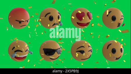 Image of confetti falling over emoji icons on green background Stock ...
