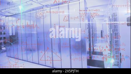 Image of computer code and mathematical formulas over server racks in ...