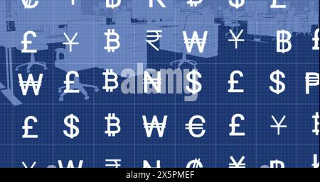 Image of multiple currency symbols over grid network against empty ...