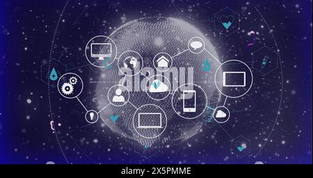Image of flowchart of icons over connected dots around globes against ...