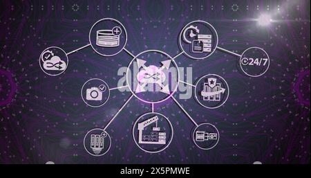 Image of flowchart of icons and lens flares over abstract background ...