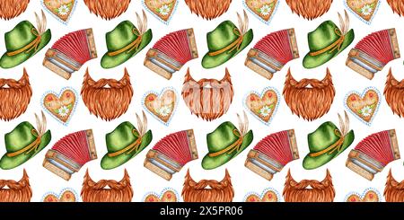 Oktoberfest pattern of watercolor illustrations with hat, beard ...