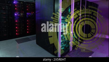 Image of yellow round scanner spinning against computer server room ...