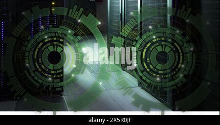 Image of two green round scanner spinning against computer server room ...